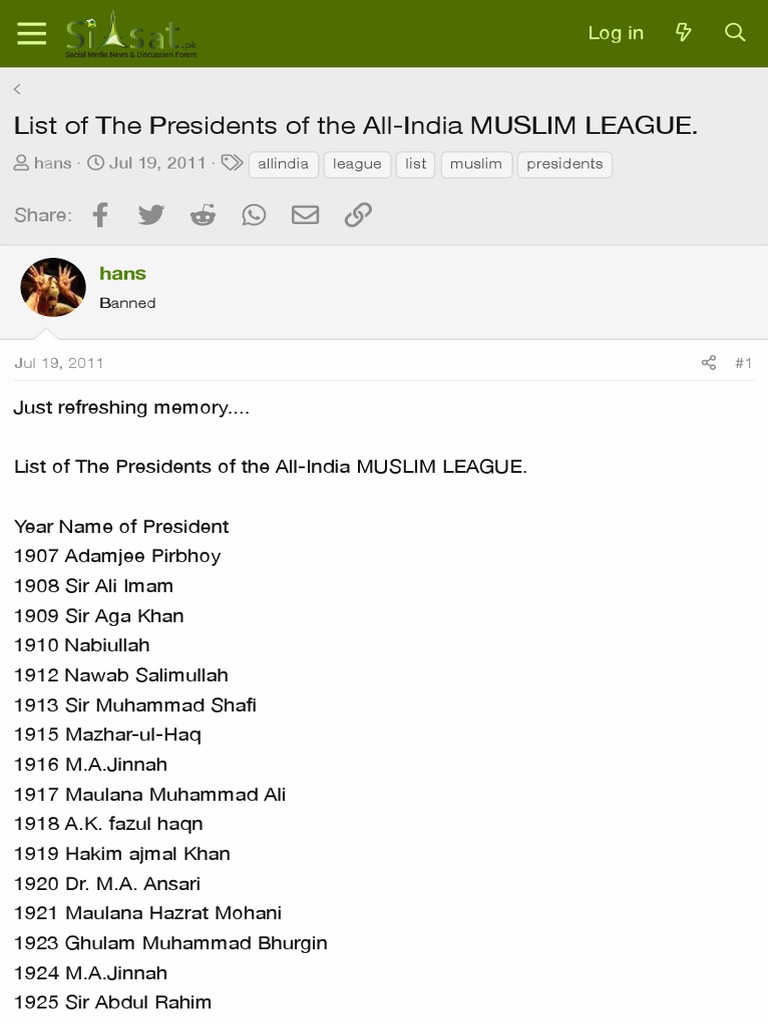 List of The Presidents of The All-India MUSLIM LEAGUE. - Siasat - PK ...