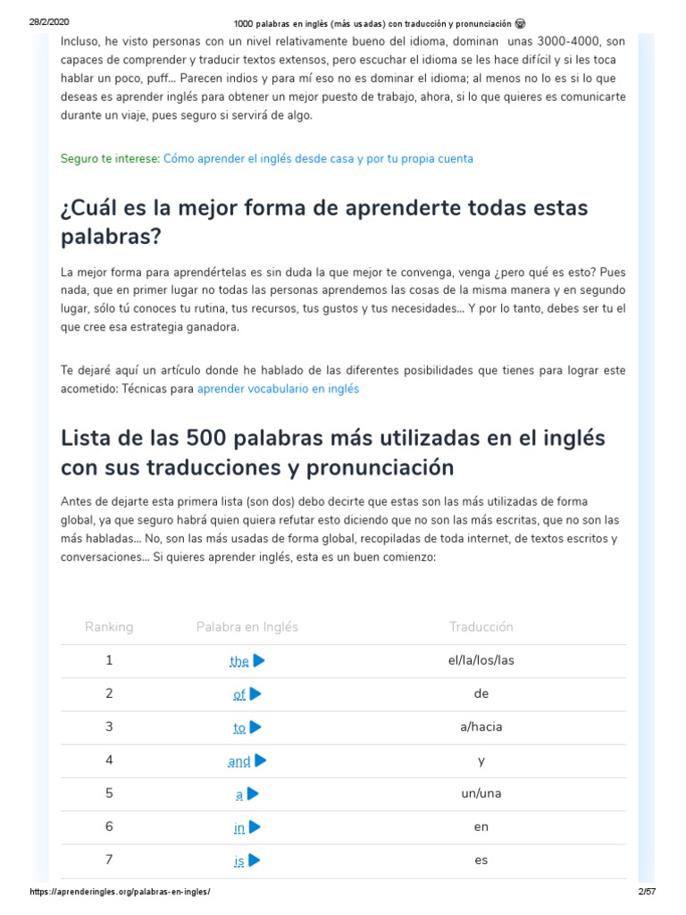 1000 Palabras en Inglés (Más Usadas) Con Traducción y Pronunciación ...