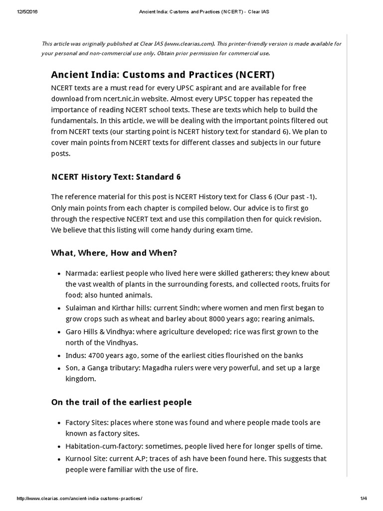 Ancient India - Customs and Practices (NCERT) - Clear IAS | PDF