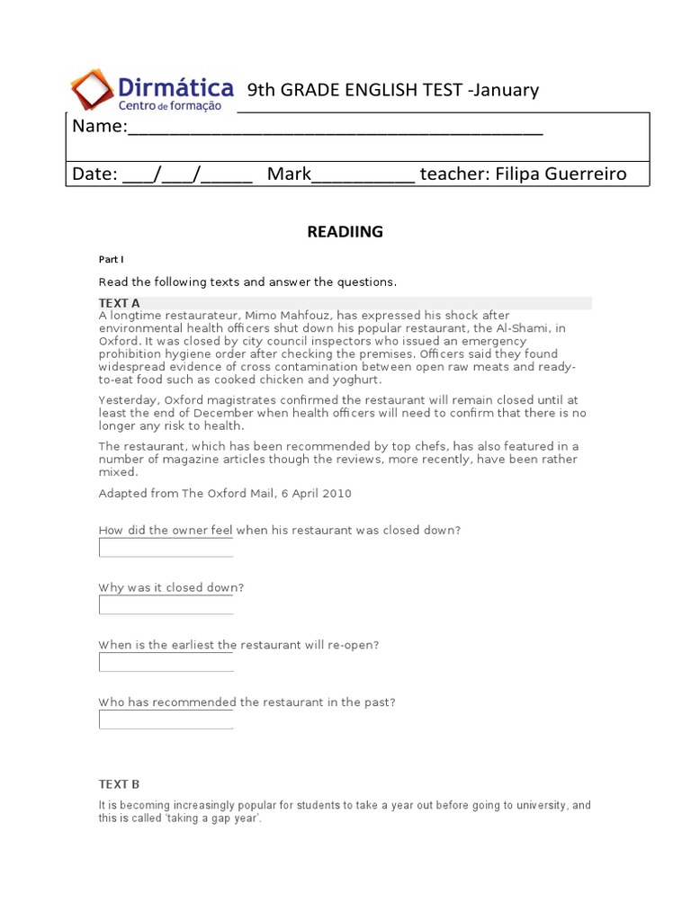 9th GRADE ENGLISH TEST | PDF | Restaurants | Linguistic Morphology