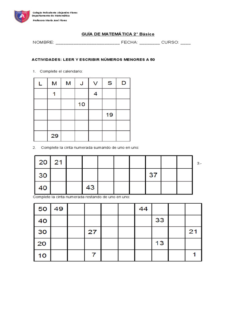 Leer y Escribir Números Hasta El Nº 50 (2º Básico) | PDF