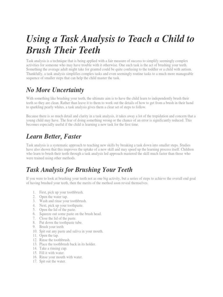 Task Analysis for Teaching Tooth Brushing | PDF | Toothbrush ...