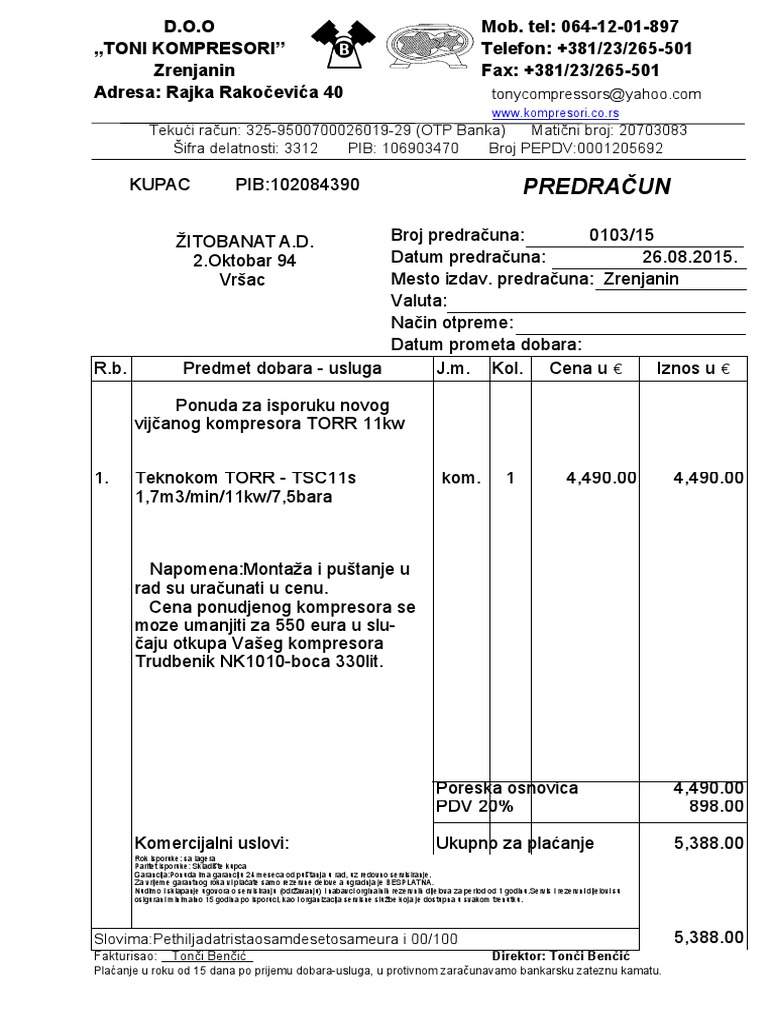 Predračun 0103, Žitobanat | PDF