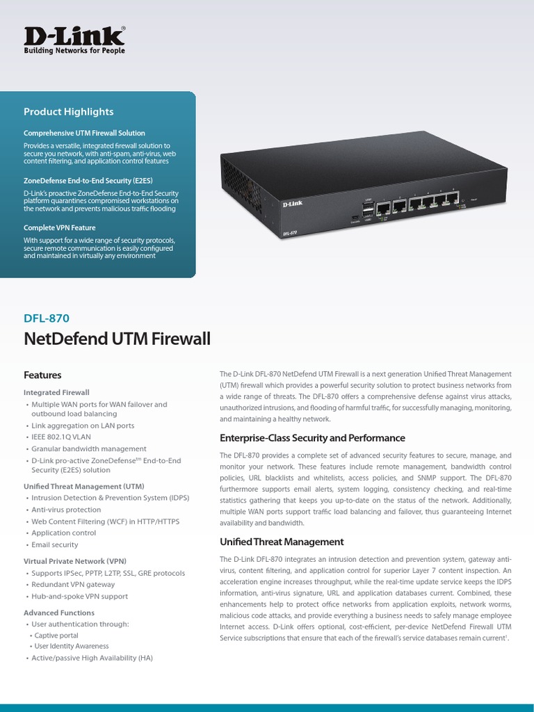 DFL-870 A1 Datasheet 01 (HQ) | PDF | Antivirus Software | Firewall (Computing)