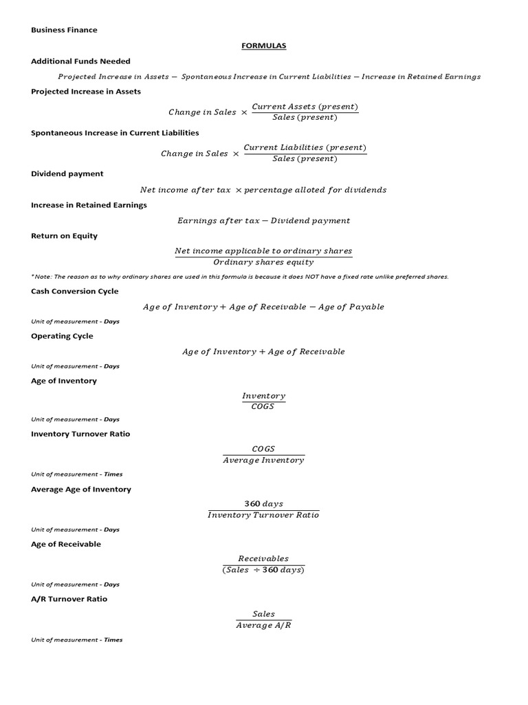 Business Finance Formulas PDF | Download Free PDF | Investing ...