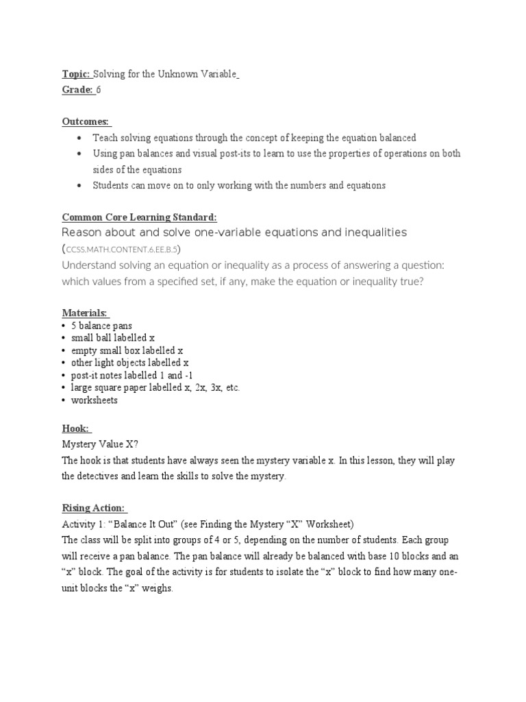 Solving Unknown Variable Lesson Plan | PDF | Equations | Lesson Plan