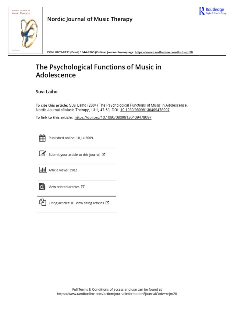 Psychological Functions of Music in Teens | PDF | Adolescence | Emotions