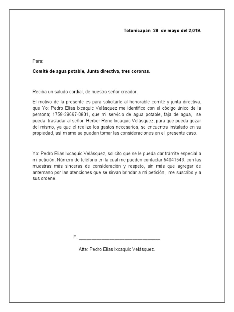 Carta Solicitud de Agua Potable | PDF