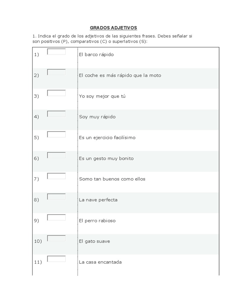 Grados Adjetivo Ejercicios | PDF
