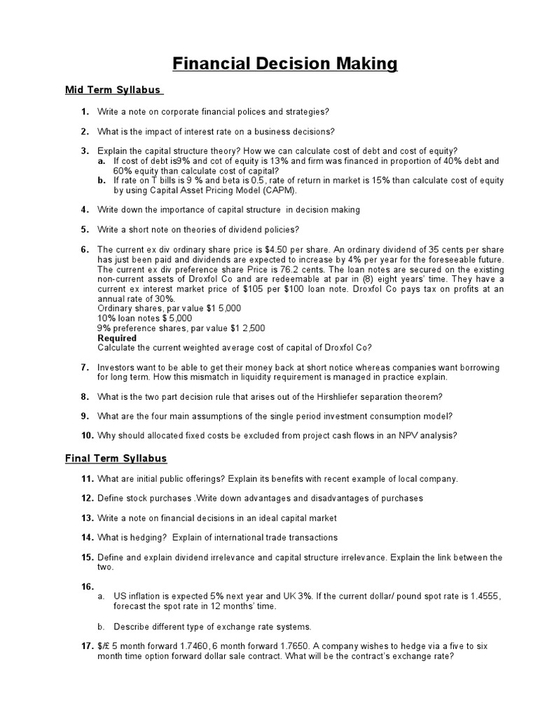 Financial Decision Making Syllabus | PDF | Cost Of Capital | Capital ...