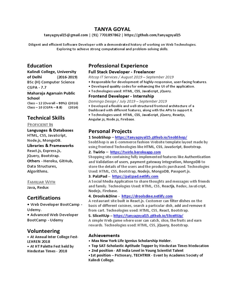 Tanya Goyal Resume PDF | Download Free PDF | Bootstrap (Front End Framework) | Java Script