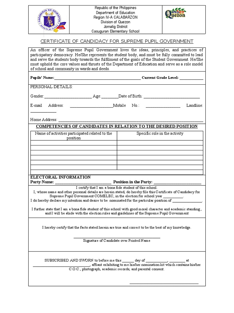 Certificate of Candidacy For Supreme Pupil Government | PDF ...