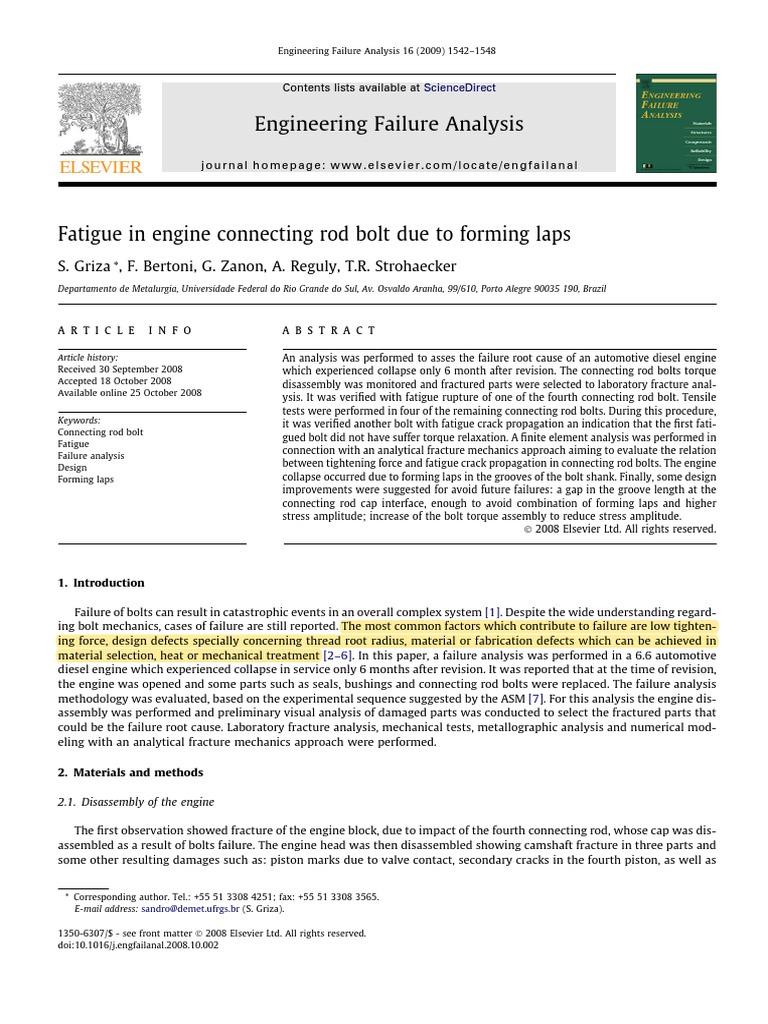Fatigue in Engine Connecting Rod Bolt Due To Forming Laps | PDF ...