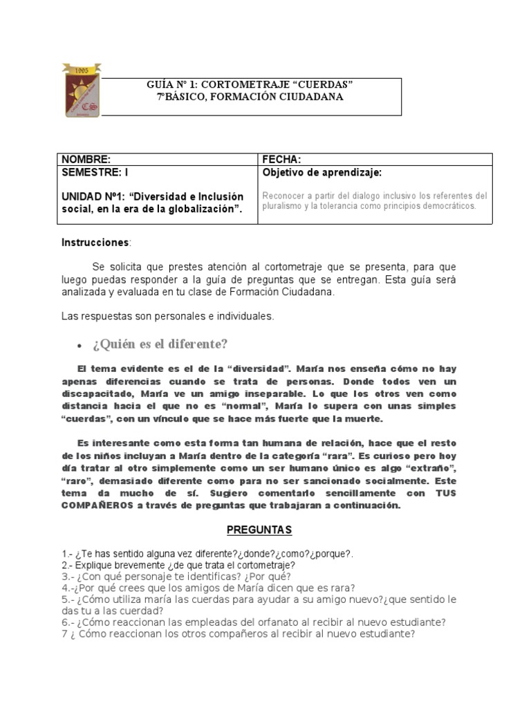 Guía 7ºbásico Cortometraje Cuerdas | PDF