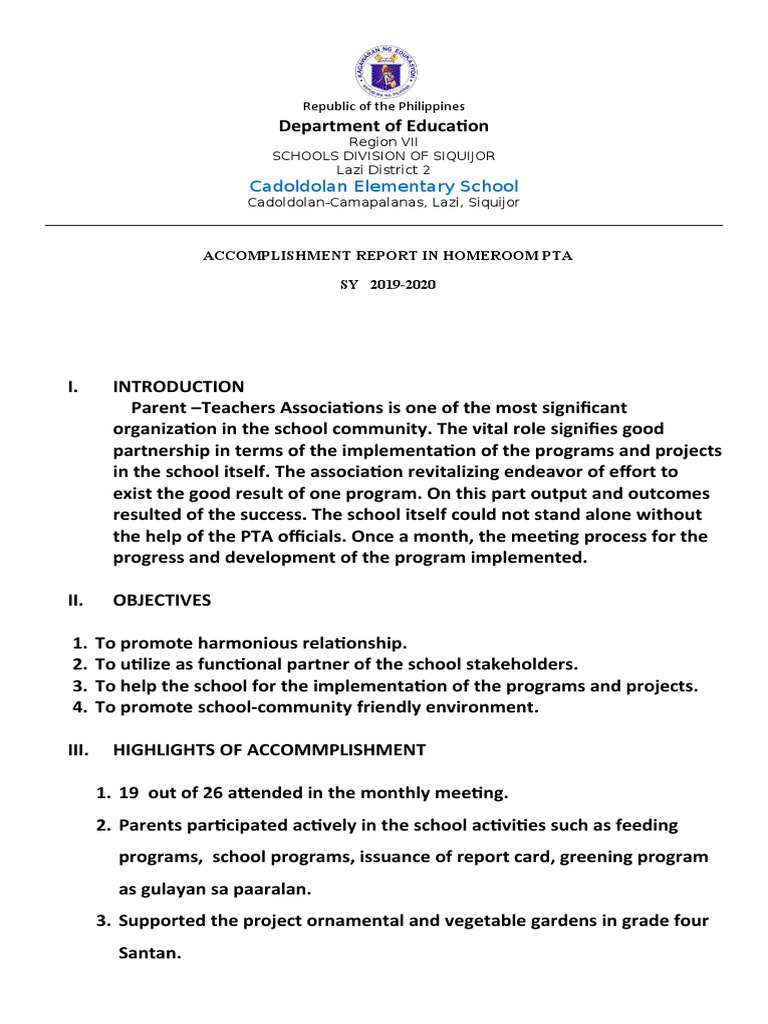 Accomplishment Report of The Homeroom Pta | PDF | Schools
