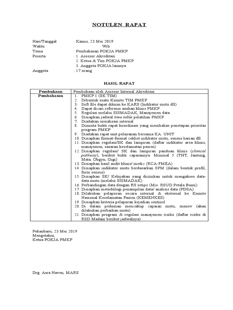 Notulen Pokja PMKP Tanggal 23 Mei 2019 | PDF | Bisnis