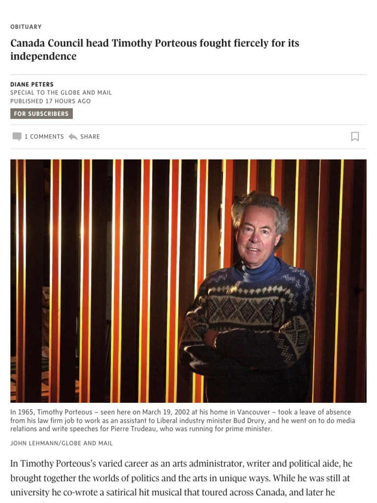 Timothy Porteous: Arts Advocate Obituary | PDF | Pierre Trudeau | Canada