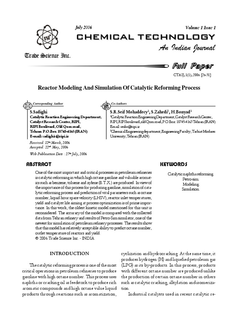 Reactor Modeling And Simulation Of Catalytic Reforming Process Pdf