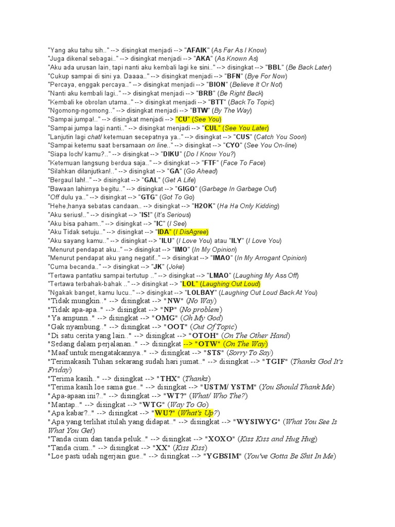 Daftar Singkatan Populer dalam Chat | PDF