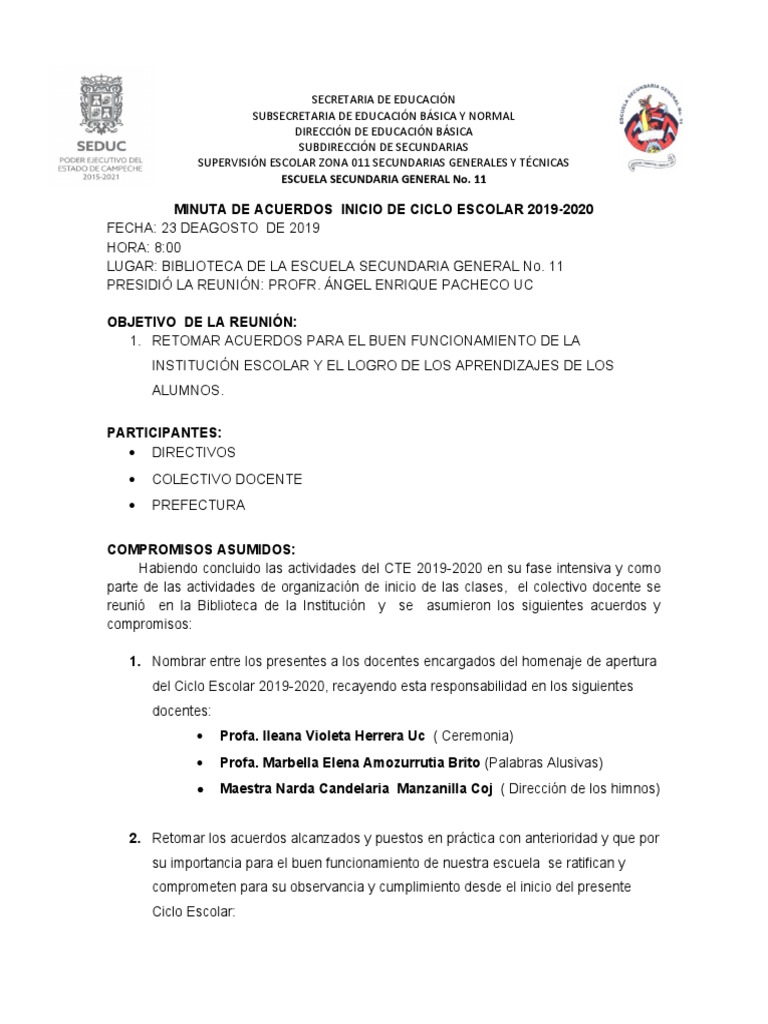 Minuta Inicio Ciclo Escolar 2019-2020 | PDF | Evaluación | Salón de clases