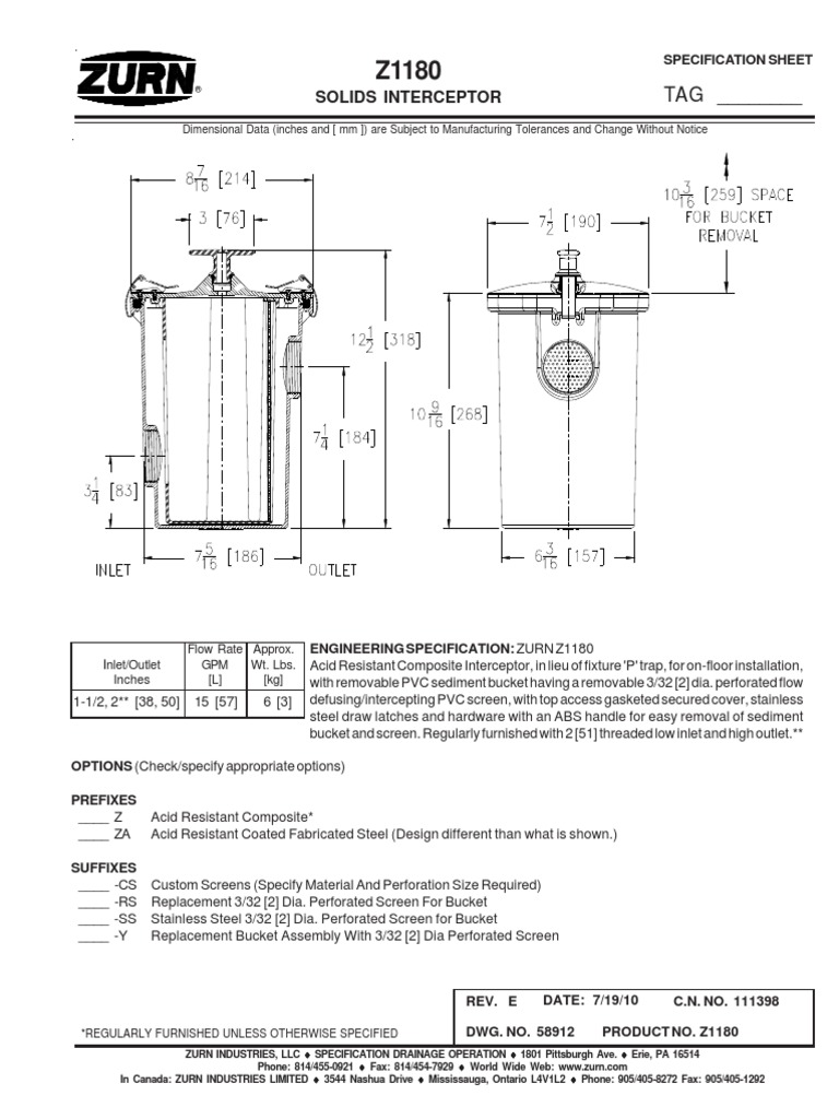 Zurn Solid Interceptor - Z1180 | PDF