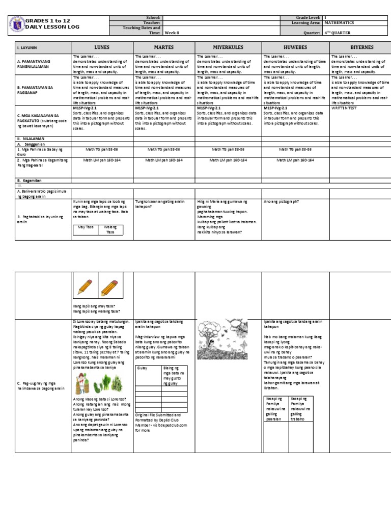 Grade 1 Math DLL Week 8 Q4 | PDF | Learning | Cognition