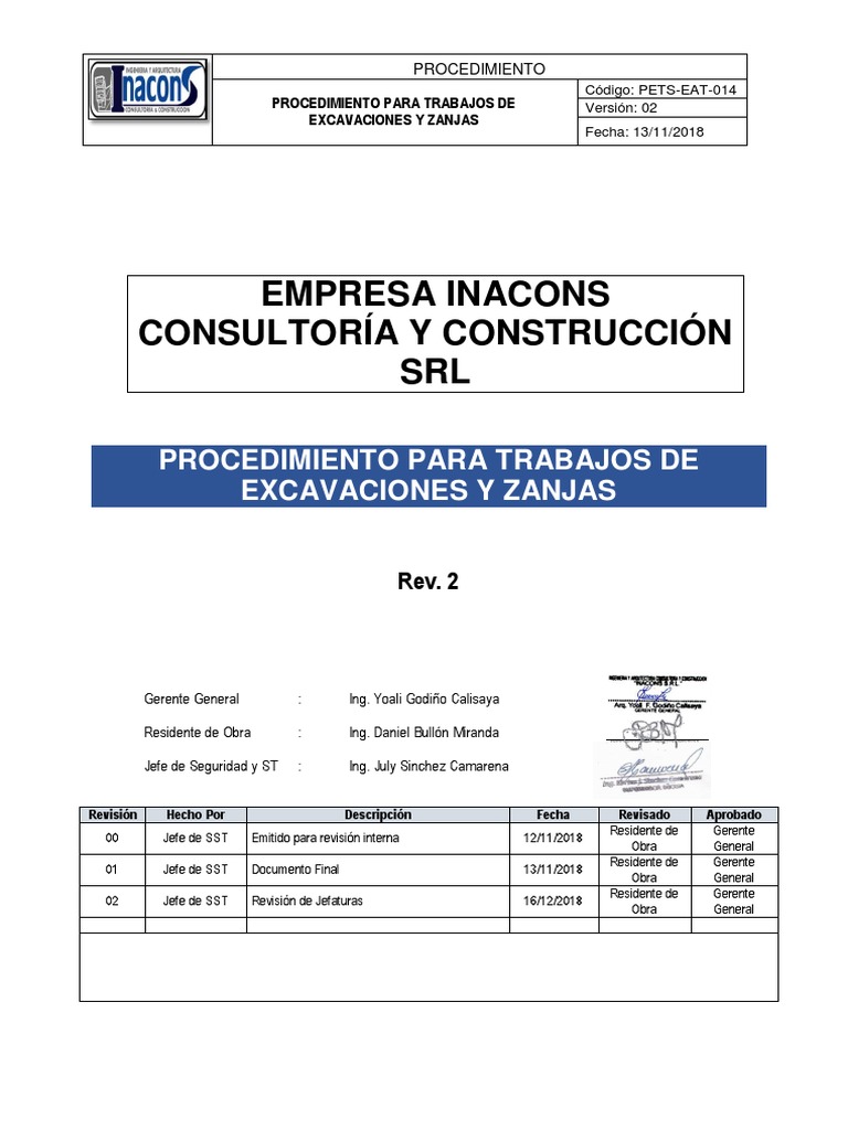 Procedimiento para realizar excavaciones y zanjas de forma segura | PDF ...