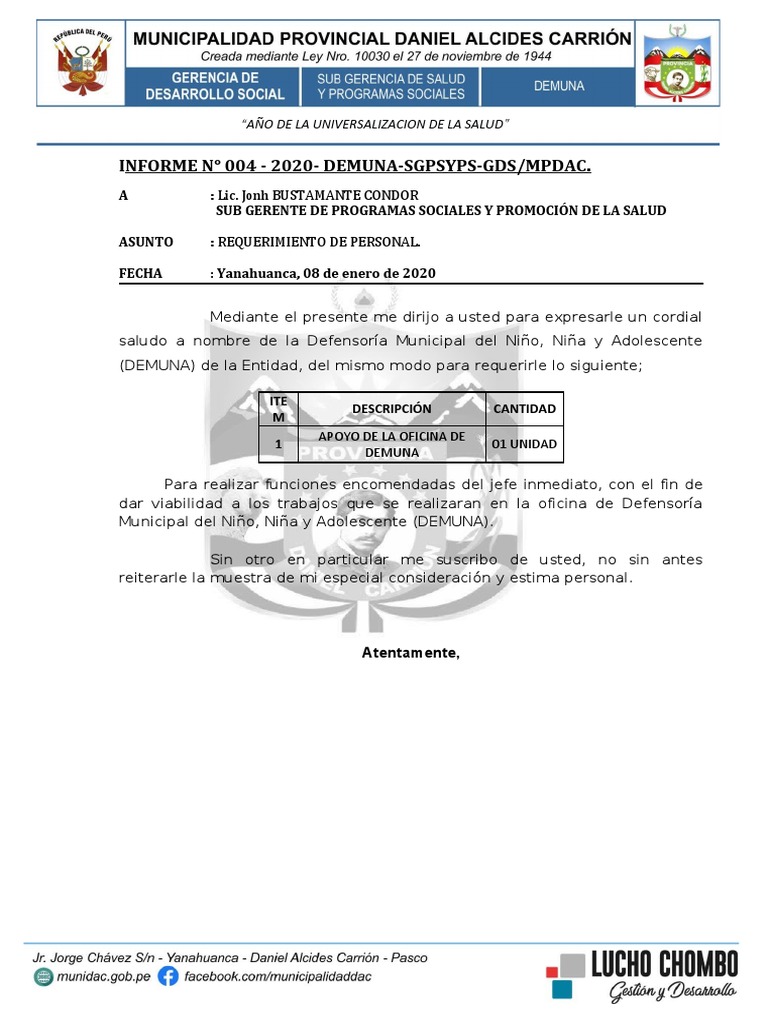 Informe #004-2020 Requerimiento de Personal | PDF | Bienestar | Medicina