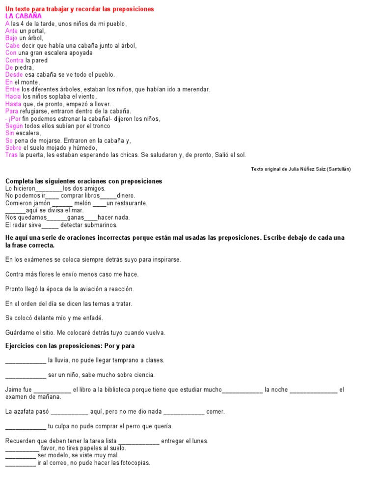 Un Texto para Trabajar y Recordar Las Preposiciones | PDF