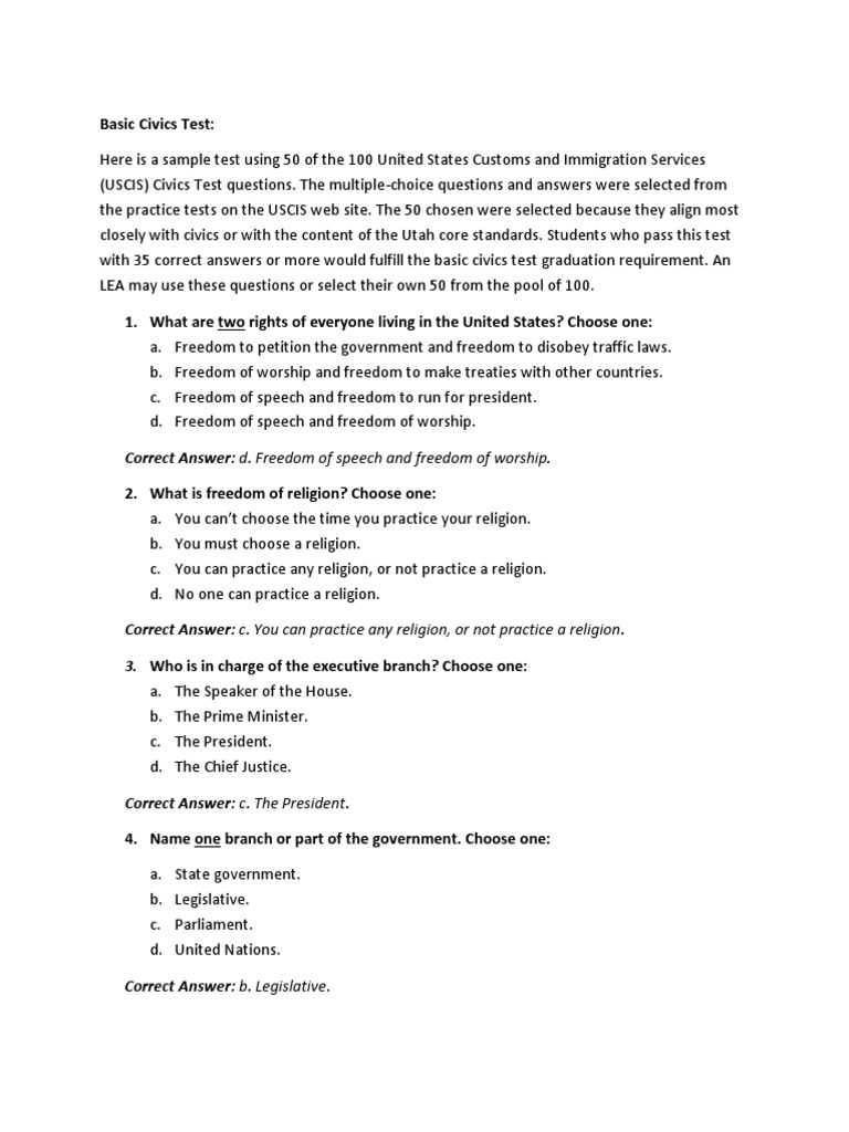 Sample Basic Civics Test | PDF | Presidents Of The United States ...