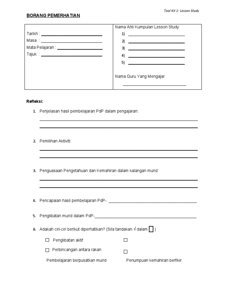 Lesson Study - Borang Pemerhatian | PDF