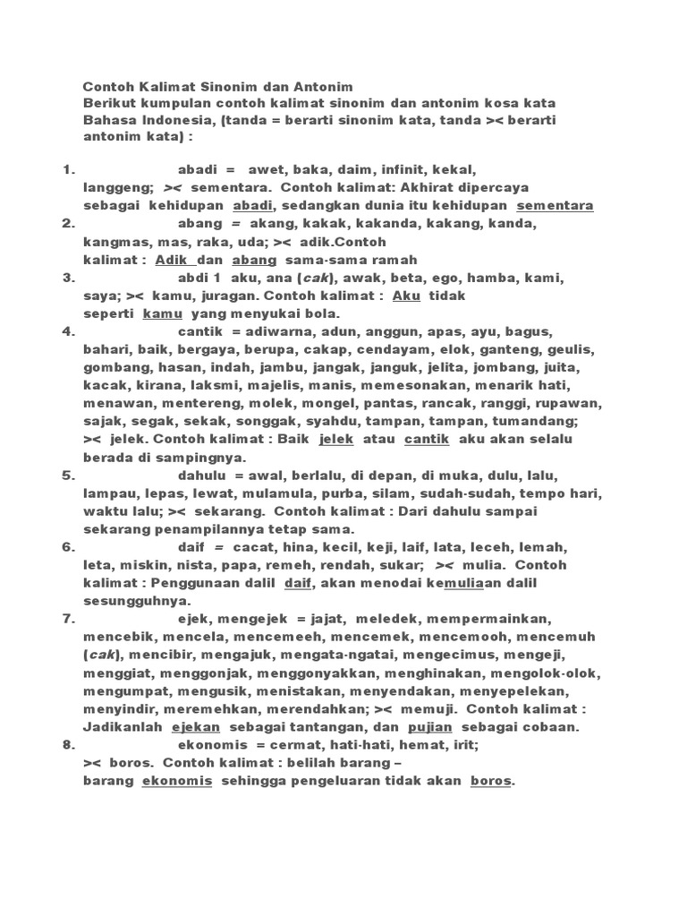 Contoh Kalimat Sinonim Dan Antonim | PDF