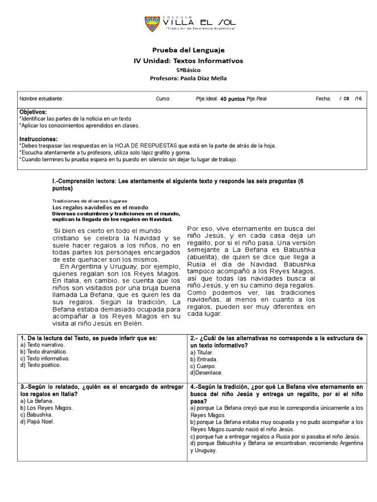 Pruebas Textos Informativos - 5° Básico | PDF | Reyes Magos | Navidad