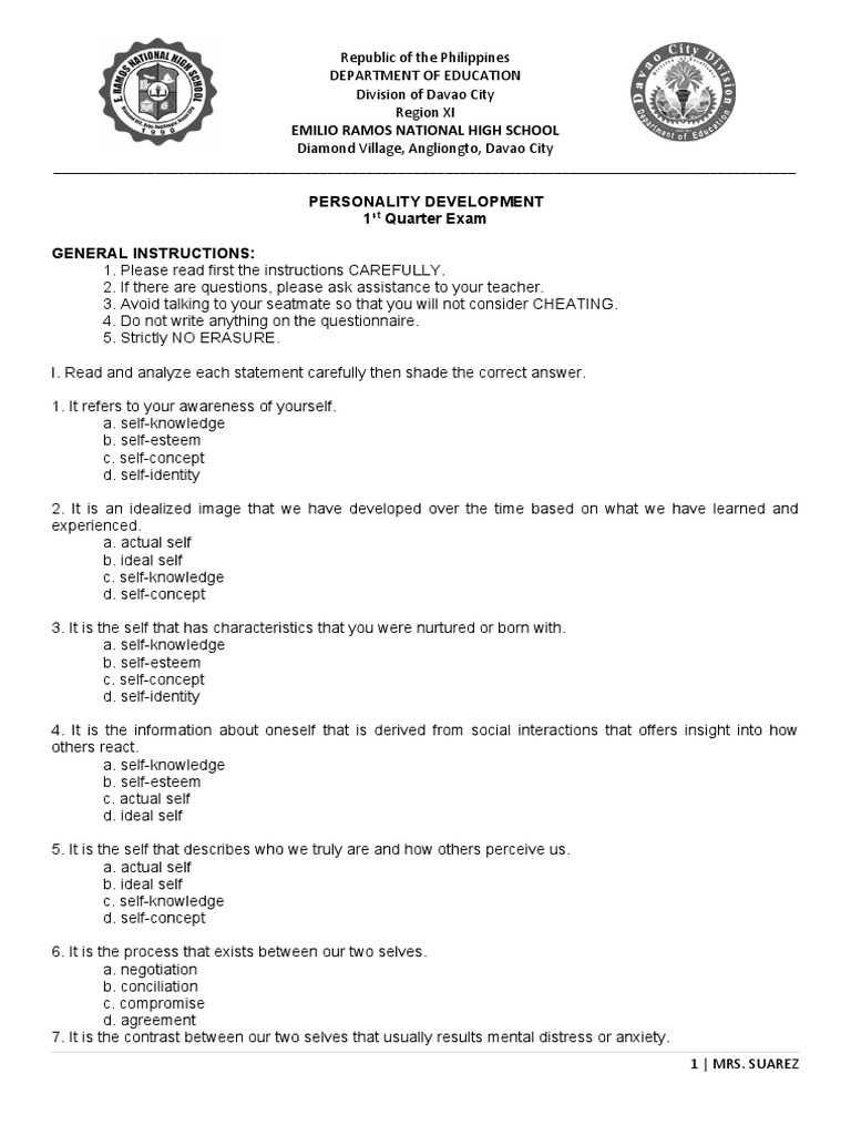 Perdev 1st Exam | PDF | Self Concept | Self