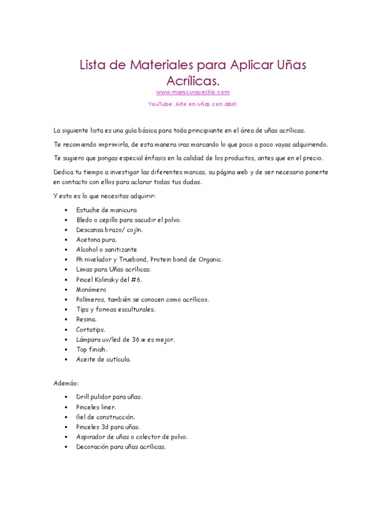 Lista De Materiales Para Uñas Acrílicas Pdf
