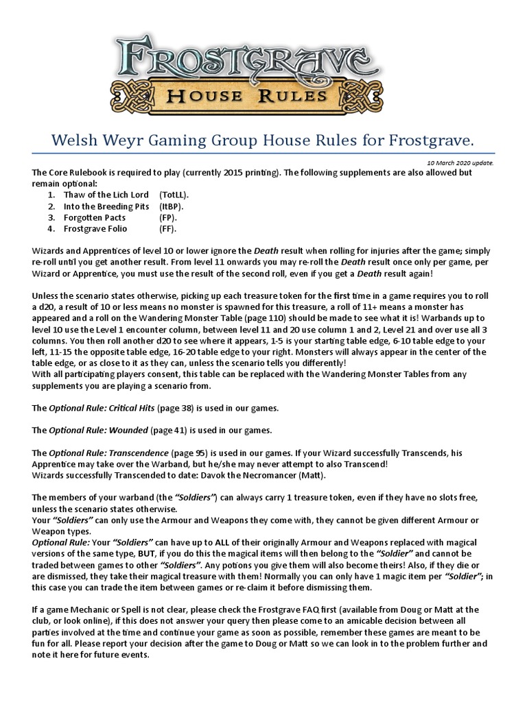 Welsh Weyr Gaming Group House Rules For Frostgrave | PDF | Tabletop Games | Fantasy