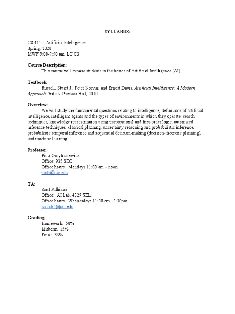 CS411 Syllabus Spring 2020 | PDF