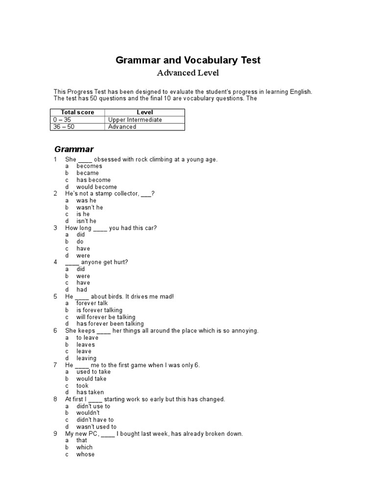 Grammar and Vocabulary Test | PDF