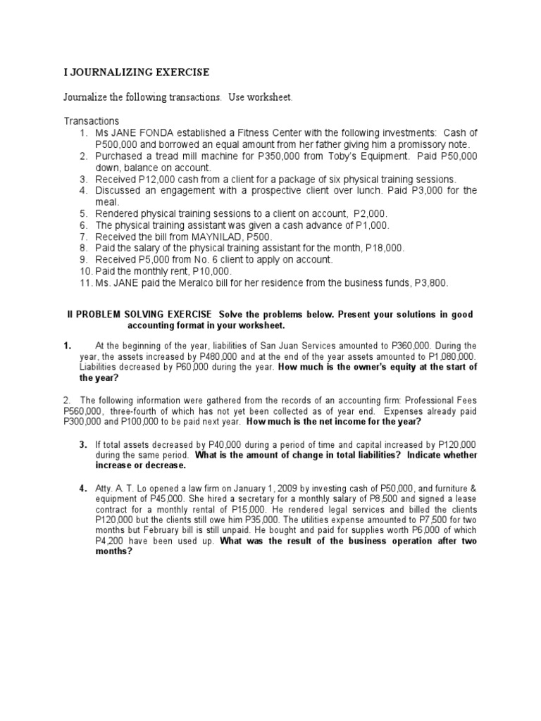 Fdnacct - Journalizing & Problem Solving Exercise | PDF | Expense ...