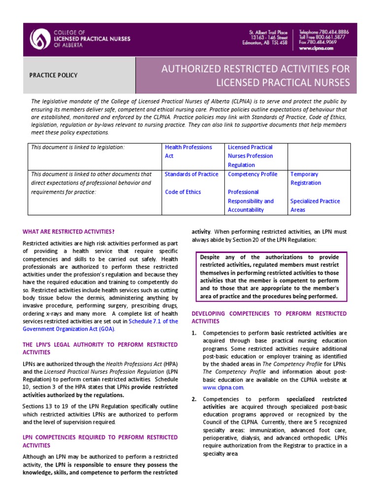 Practice Policy Authorized Restricted Activities For Licensed Practical ...