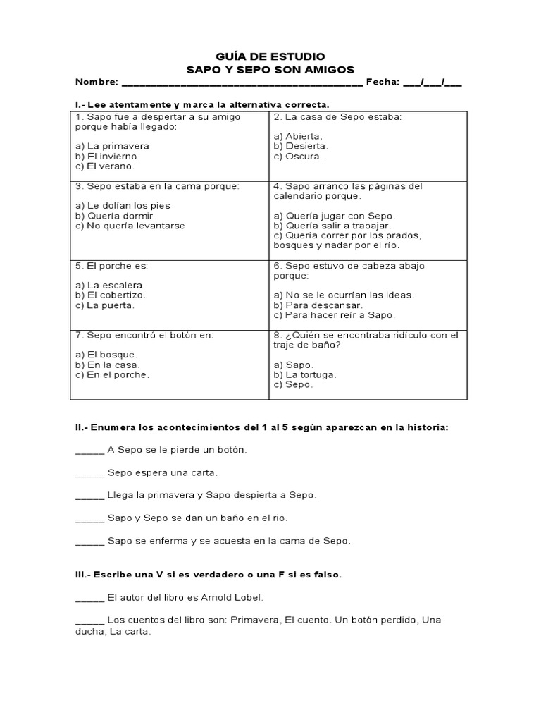 Guía de Estudio Sapo y Sepo Son Amigos | PDF
