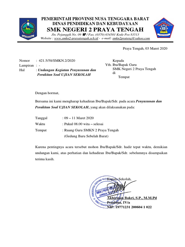 Surat Undangan Kegiatan Penyusunan Dan Perkitan Soal Us | PDF