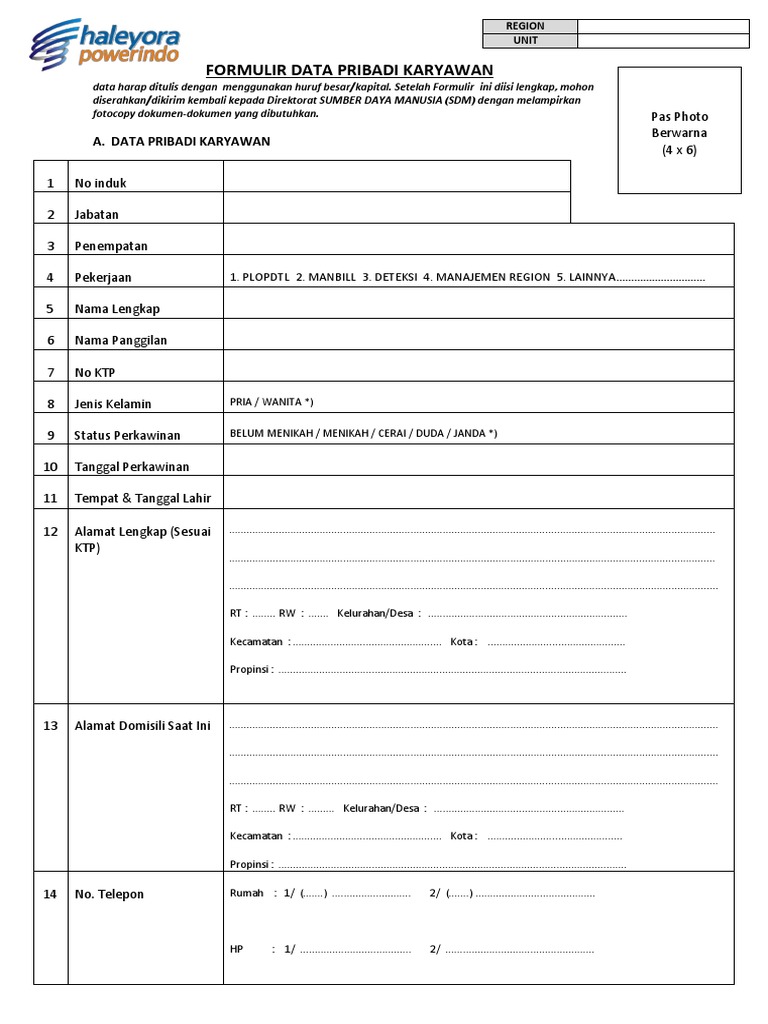 Formulir Data Karyawan (Biodata) | PDF