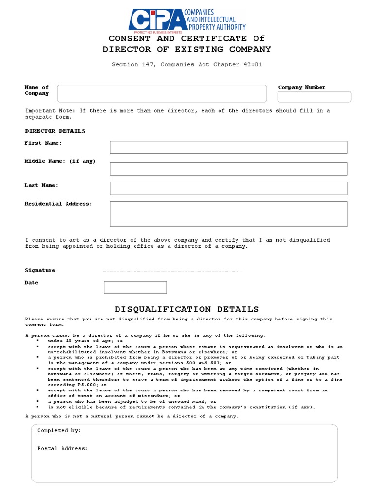 Director Consent Form for Botswana Company | PDF