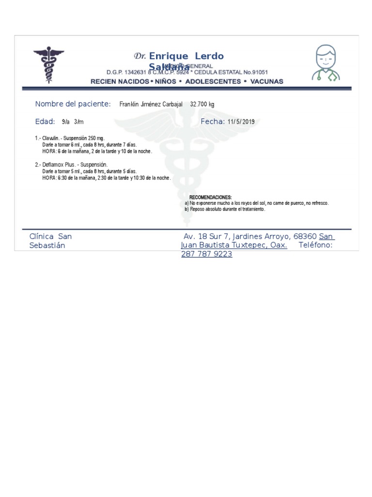 Tratamiento para Franklin Jiménez Carbajal de 9 años con Clavulin y ...