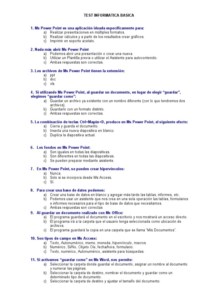 Test de Informatica Basica 2 PDF | PDF | Microsoft Excel | Red mundial