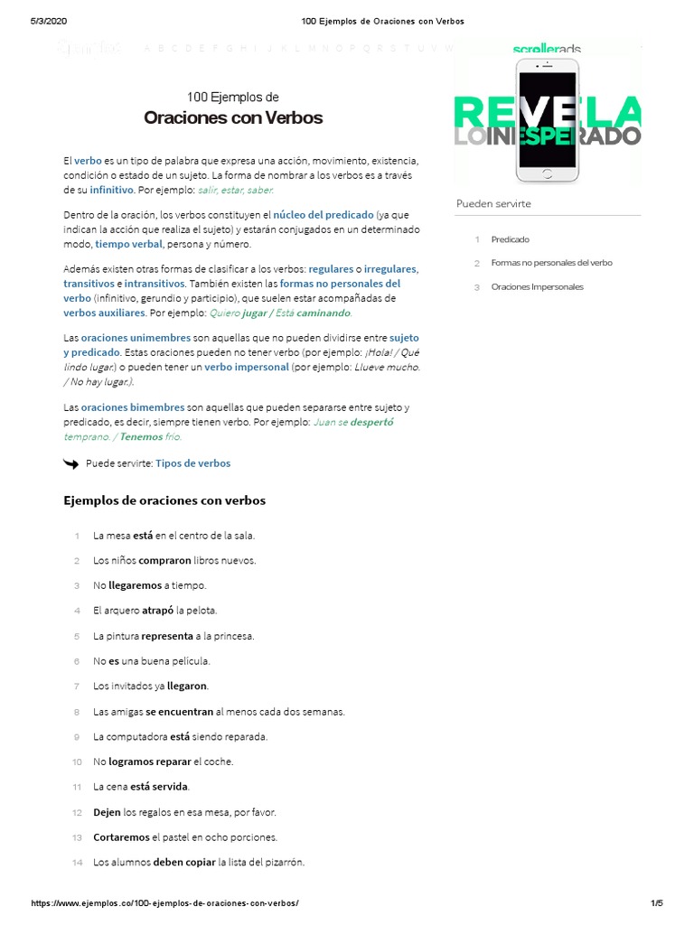 100 Ejemplos De Oraciones Con Verbos Pdf Pdf Verbo Gramática