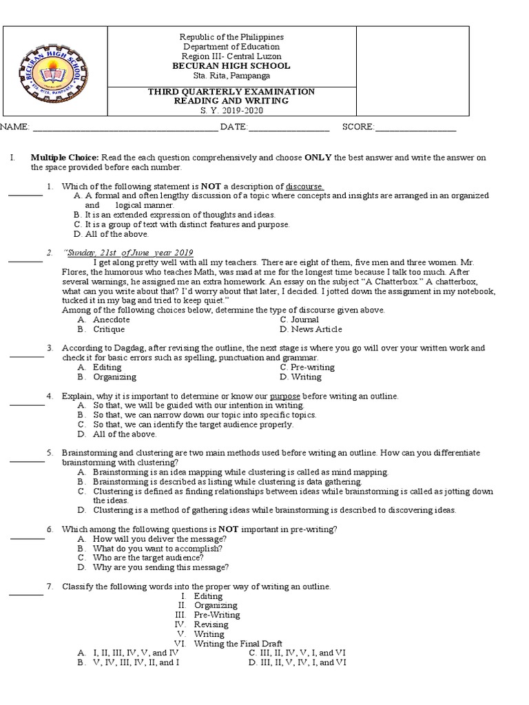 Grade 11 Reading & Writing Exam Guide | PDF | Narration | Narrative