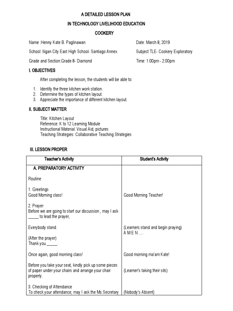 A Detailed Lesson Plan | PDF | Kitchen | Lesson Plan