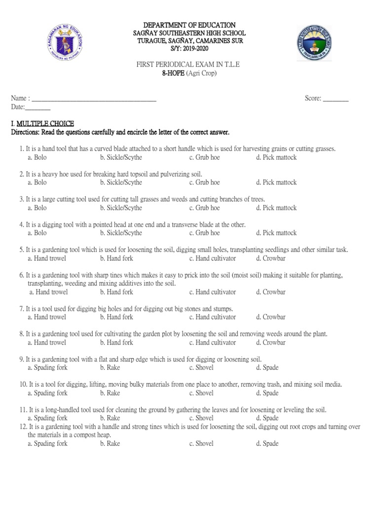 TLE Exam: Agri Crop Tools & Methods | PDF | Manure | Fertilizer